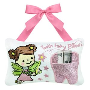 free-space Tooth Fairy Pillow for Boy and Girl Embroidered Cartoon Tooth Pocket Tooth Fairy Gifts Kids (Pink)