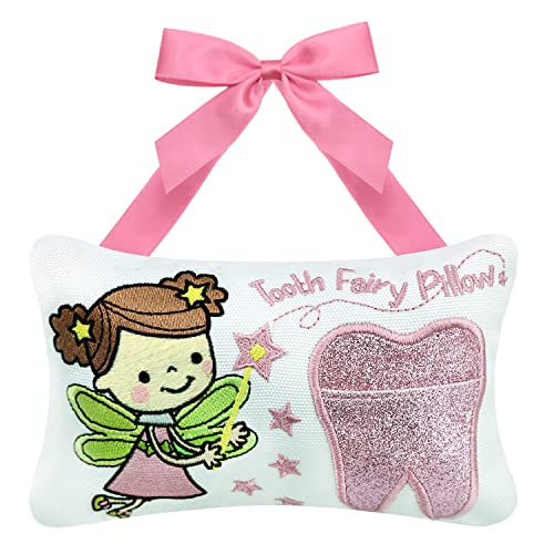 free-space Tooth Fairy Pillow for Boy and Girl Embroidered Cartoon Tooth Pocket Tooth Fairy Gifts Kids (Pink)