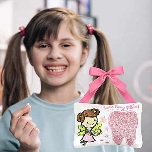 free-space Tooth Fairy Pillow for Boy and Girl Embroidered Cartoon Tooth Pocket Tooth Fairy Gifts Kids (Pink)