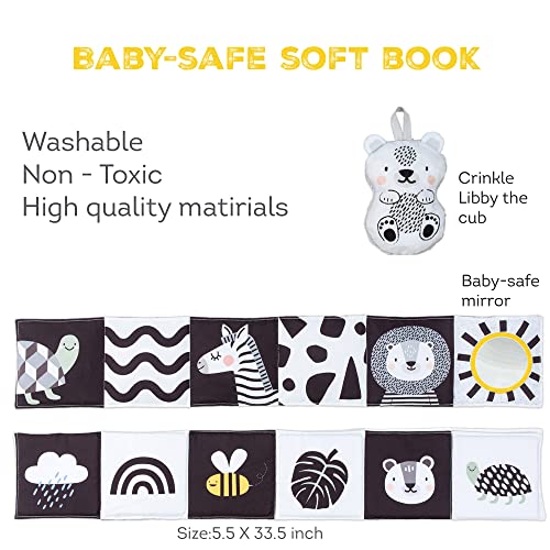 Taf Toys Newborn Soft Activity Book Black & White High Contrast Baby Book Infant Sensory Toys Tummy Time Soft Cloth Books for Babies Textured Fabric Crinkling Shapes Patterns 0-12 Months Newborn Toys