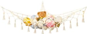 dahey stuffed animal storage net hammock with string light wall corner hanging toys storage organizer plush net toy holder hammock macrame tassels boho decor for nursery kid playroom bedroom