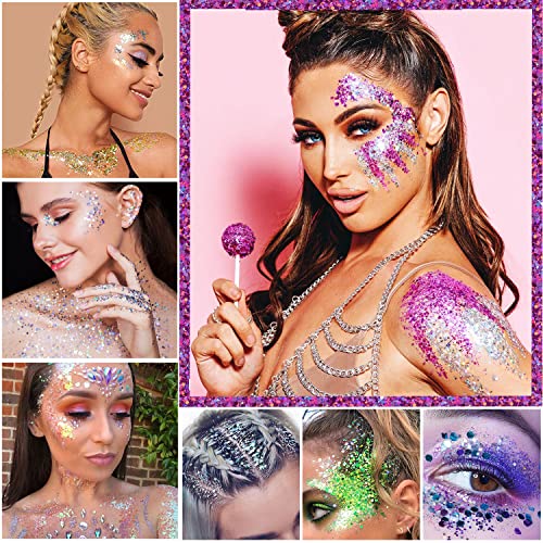 12 Colors of Holographic Chunky Glitter No Glue Attached, 12 Pots Total 120g Multi-Shaped for Body Hair Face Eyes Make-up, Nail Art and Bedazzling in Party/Concert/Events Glitter