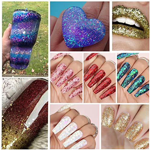 12 Colors of Holographic Chunky Glitter No Glue Attached, 12 Pots Total 120g Multi-Shaped for Body Hair Face Eyes Make-up, Nail Art and Bedazzling in Party/Concert/Events Glitter