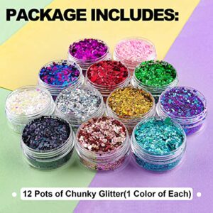 12 Colors of Holographic Chunky Glitter No Glue Attached, 12 Pots Total 120g Multi-Shaped for Body Hair Face Eyes Make-up, Nail Art and Bedazzling in Party/Concert/Events Glitter