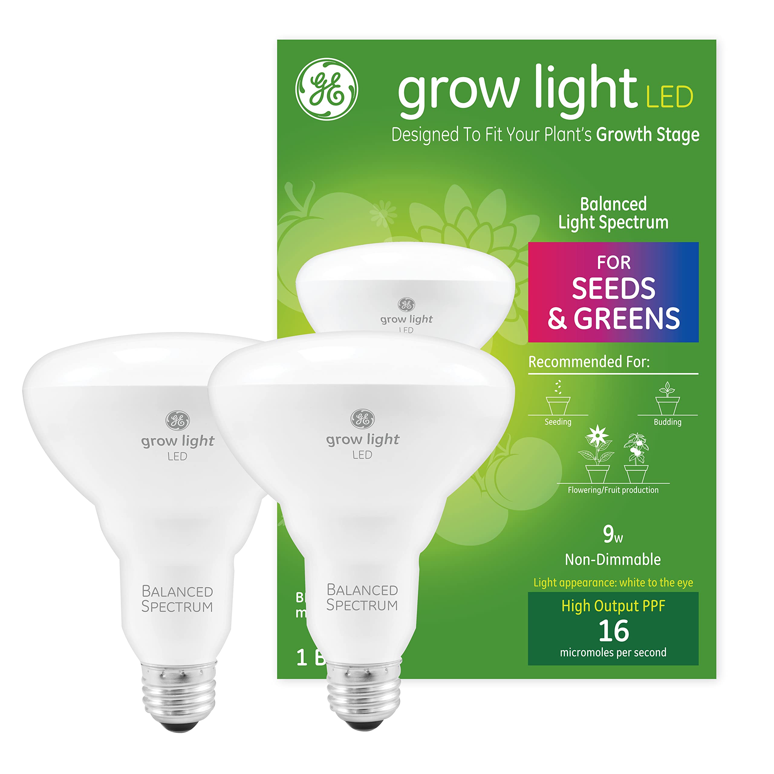 GE Lighting Grow Light for Plants, LED Light Bulb for Seeds and Greens with Balanced Light Spectrum, BR30 Floodlight (2 Pack)