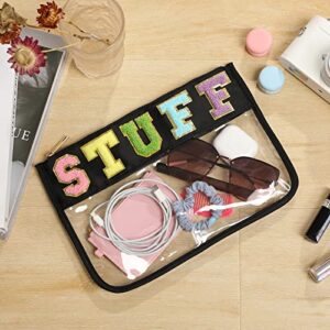 DYSHAYEN Chenille Letter Clear Zipper Pouch for Travel,Nylon Clear Cosmetic Bag,Makeup Travel Bag for Women (Black-Stuff)