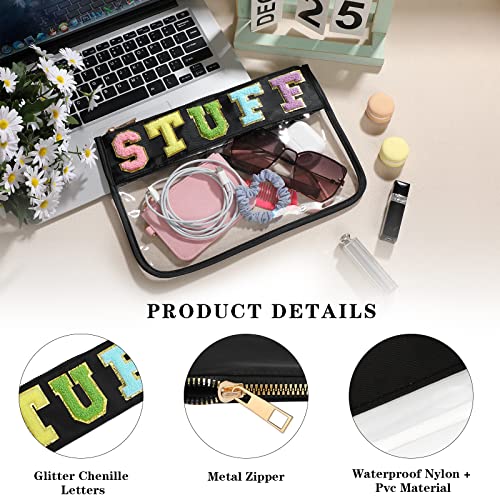 DYSHAYEN Chenille Letter Clear Zipper Pouch for Travel,Nylon Clear Cosmetic Bag,Makeup Travel Bag for Women (Black-Stuff)