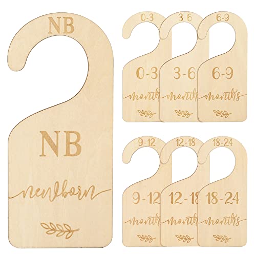 Whaline 7pcs Baby Closet Size Dividers Wooden Baby Wardrobe Hanger Organizer from Newborn to 24 Month with Blue Velvet Bag Leaves Design Thicken Infant Wardrobe Organizer for Home Nursery Baby Clothes