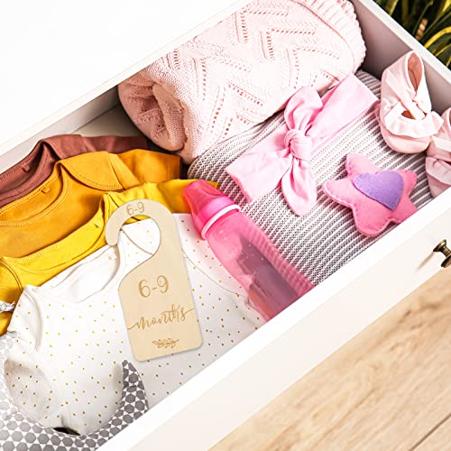 Whaline 7pcs Baby Closet Size Dividers Wooden Baby Wardrobe Hanger Organizer from Newborn to 24 Month with Blue Velvet Bag Leaves Design Thicken Infant Wardrobe Organizer for Home Nursery Baby Clothes