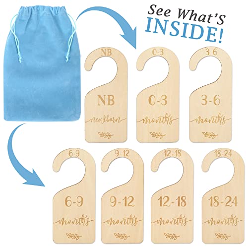 Whaline 7pcs Baby Closet Size Dividers Wooden Baby Wardrobe Hanger Organizer from Newborn to 24 Month with Blue Velvet Bag Leaves Design Thicken Infant Wardrobe Organizer for Home Nursery Baby Clothes