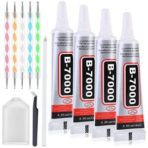 b7000 glue with rhinestone applicator kit, clear b-7000 glue with precision tip art dotting stylus pens super glue adhesive for phones repair jewelry bead nail crafts diy (4 pcs, 15 ml/ 0.5 oz)