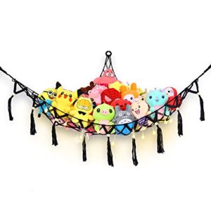 kohuijoo stuffed animal net hammock macrame boho plush toy net hammock for stuffed animals with lights stuffed animals corner hanging stuffed animal storage net for kids bedroom black