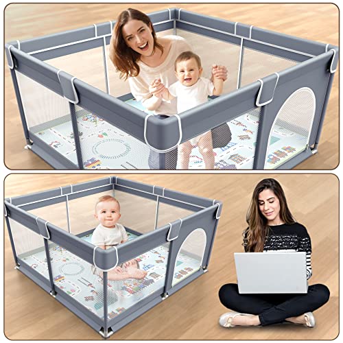 VANCLE Baby Playpen with Mat, Playpen for Babies and Toddlers, Large Baby Fence Play Area Baby Play Yards Play Pens for Kids Indoor & Outdoor Activity Center (50"x50", Gray)