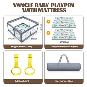 VANCLE Baby Playpen with Mat, Playpen for Babies and Toddlers, Large Baby Fence Play Area Baby Play Yards Play Pens for Kids Indoor & Outdoor Activity Center (50"x50", Gray)