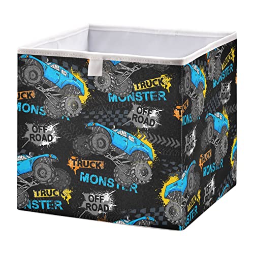 Monster Truck Tires Cube Storage Bin Foldable Storage Cubes Waterproof Toy Basket for Cube Organizer Bins for Nursery Toys Kids Books Closet Shelf Office - 15.75x10.63x6.96 in