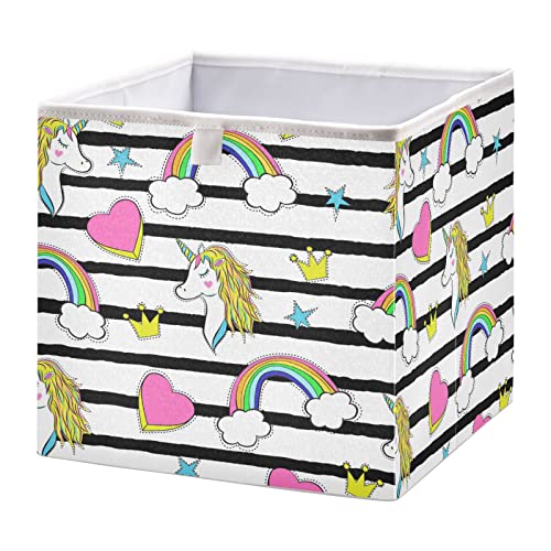 Cartoon Unicorns Rainbows Cube Storage Bin Foldable Storage Cubes Waterproof Toy Basket for Cube Organizer Bins for Kids Nursery Book Bathroom Closet Girls Boys - 11.02x11.02x11.02 in