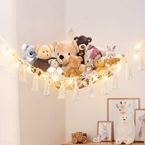 dremisland stuffed animal toy hammock with fairy lights macrame boho plush toy net hammock with tassels-stuff animals organizer storage corner plush toys net holder for nursery play room, kids bedroom