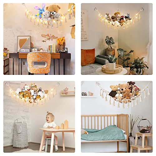 Dremisland Stuffed Animal Toy Hammock with Fairy Lights Macrame Boho Plush Toy Net Hammock with Tassels-Stuff Animals Organizer Storage Corner Plush Toys Net Holder for Nursery Play Room, Kids Bedroom