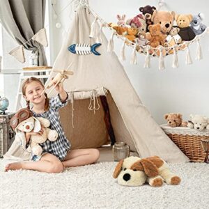 Dremisland Stuffed Animal Toy Hammock with Fairy Lights Macrame Boho Plush Toy Net Hammock with Tassels-Stuff Animals Organizer Storage Corner Plush Toys Net Holder for Nursery Play Room, Kids Bedroom