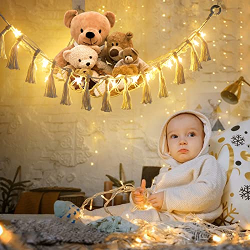 Dremisland Stuffed Animal Toy Hammock with Fairy Lights Macrame Boho Plush Toy Net Hammock with Tassels-Stuff Animals Organizer Storage Corner Plush Toys Net Holder for Nursery Play Room, Kids Bedroom