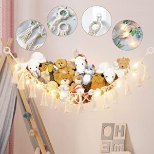 Dremisland Stuffed Animal Toy Hammock with Fairy Lights Macrame Boho Plush Toy Net Hammock with Tassels-Stuff Animals Organizer Storage Corner Plush Toys Net Holder for Nursery Play Room, Kids Bedroom