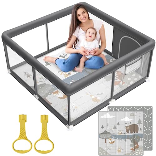 Fodoss Baby Playpen with Mat, Small Baby Play Pen(47x47inch), Playpen for Babies and Toddler (47 * 47 Baby playpen with mat-Dark Gray)