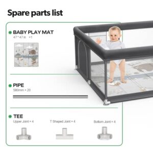 Fodoss Baby Playpen with Mat, Small Baby Play Pen(47x47inch), Playpen for Babies and Toddler (47 * 47 Baby playpen with mat-Dark Gray)