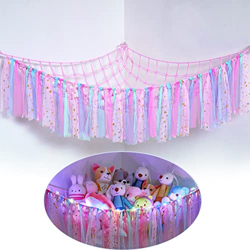 FIOBEE Stuffed Animals Net or Hammock with LED Light, Toy Hammock Hanging Stuffed Animals Storage Organizer Holder Room Décor with Tassels for Nursery Play Room Kids Bedroom