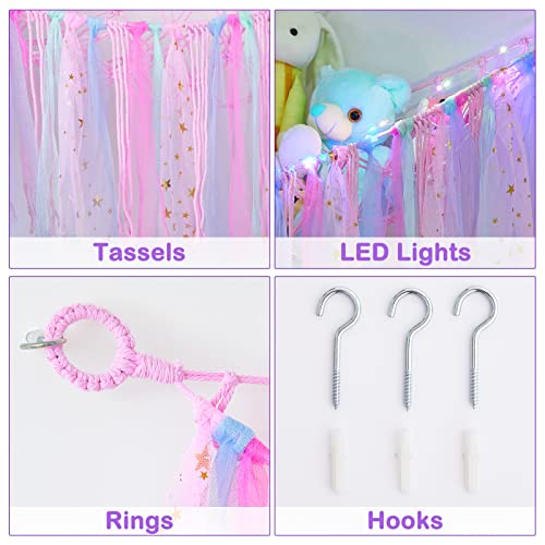 FIOBEE Stuffed Animals Net or Hammock with LED Light, Toy Hammock Hanging Stuffed Animals Storage Organizer Holder Room Décor with Tassels for Nursery Play Room Kids Bedroom