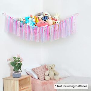 FIOBEE Stuffed Animals Net or Hammock with LED Light, Toy Hammock Hanging Stuffed Animals Storage Organizer Holder Room Décor with Tassels for Nursery Play Room Kids Bedroom