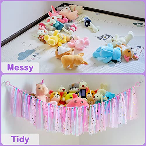 FIOBEE Stuffed Animals Net or Hammock with LED Light, Toy Hammock Hanging Stuffed Animals Storage Organizer Holder Room Décor with Tassels for Nursery Play Room Kids Bedroom