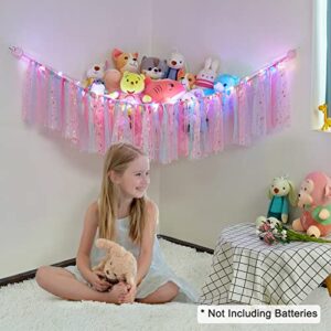 FIOBEE Stuffed Animals Net or Hammock with LED Light, Toy Hammock Hanging Stuffed Animals Storage Organizer Holder Room Décor with Tassels for Nursery Play Room Kids Bedroom