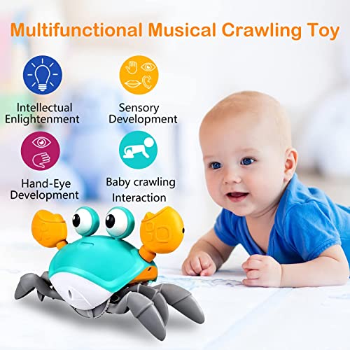 Plnmlls Crawling Crab Baby Toy，Tummy Time Baby Toys with Music and LED Light Will Automatically Avoid Obstacles, Build in Rechargeable Battery for Toddler Interactive Development Toy