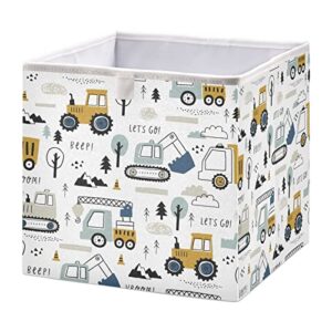 ollabaky truck tractor bulldozer excavator cars cube storage bin, foldable fabric storage cube basket cloth organizer box with handle for closet shelves, nursery storage toy bin - s