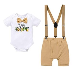 grnshts baby boys wild one 1st birthday outfits bowtie romper+y-back suspenders+shorts pants cake smash photo shoot clothes set (khaki,12-18 months)