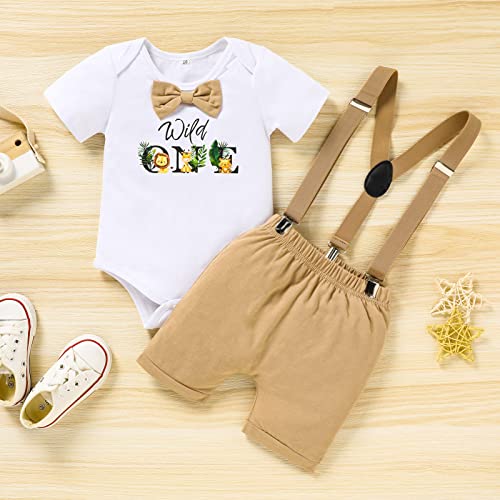 GRNSHTS Baby Boys Wild One 1st Birthday Outfits Bowtie Romper+Y-Back Suspenders+Shorts Pants Cake Smash Photo Shoot Clothes Set (Khaki,12-18 Months)