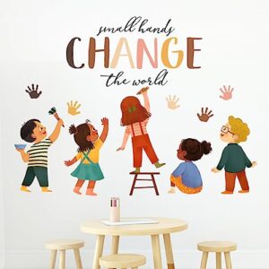 mfault small hands change the world equality wall decals stickers, inspirational diversity inclusion handprints nursery decorations kids bedroom art, neutral toddlers room decor