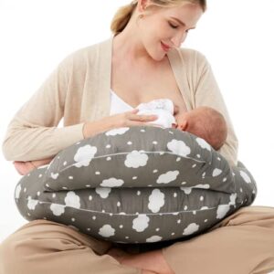 momcozy nursing pillow for breastfeeding, original plus size breastfeeding pillows for more support for mom and baby, with adjustable waist strap and removable cotton cover, grey