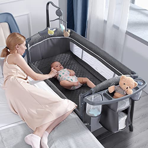 BabyBond Baby Bassinet Bedside Crib, Pack and Play with Sheet, Diaper Changing Table and Music Mobile from Newborn to Toddles, Portable Large Playard Gray