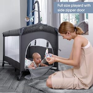 BabyBond Baby Bassinet Bedside Crib, Pack and Play with Sheet, Diaper Changing Table and Music Mobile from Newborn to Toddles, Portable Large Playard Gray