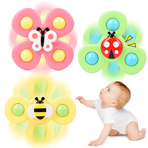 Suction Cup Spinner Toy for Baby 1 2 Year Old , 3PCS Spinner Sensory Toys for Toddlers 1 3, Cartoon Baby Fidget Spinners Toys 12 Months Kids, High Chair/Dining Table/Window/Travelling (Colorful)