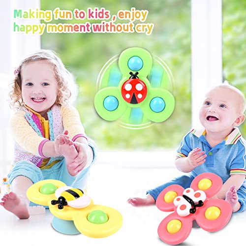 Suction Cup Spinner Toy for Baby 1 2 Year Old , 3PCS Spinner Sensory Toys for Toddlers 1 3, Cartoon Baby Fidget Spinners Toys 12 Months Kids, High Chair/Dining Table/Window/Travelling (Colorful)