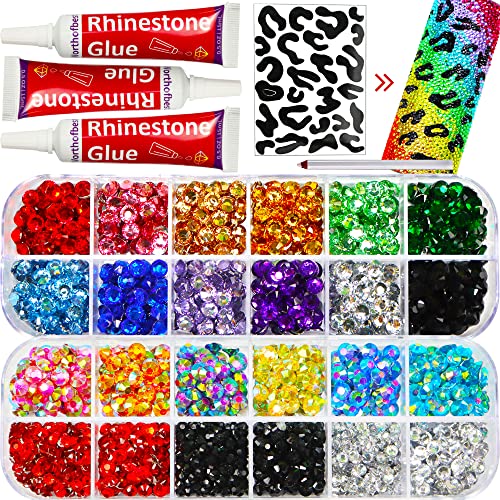 Rhinestone Glue Clear with Rhinestones for Crafts Clothing Clothes, Bedazzler kit with Rhinestones Flatback for Tumblers Fabric Shoes, Rainbow Colorful Flat Back Rhinestones Crystals Gems Rinestones