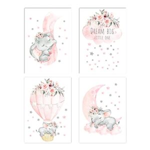 canssape pink elephant nursery wall decor set of 4 baby girl room decor elephant wall art goodnight on a hot air balloon |dream big little one|(8x10in)(unframed)