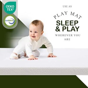 Organic Cotton Pack n Play Topper | CertiPUR-US Baby Mattress Pad for Portable Toddler Bed & Playard w/Washable Waterproof Cover, Soft Ventilated Foam Padding, Nonslip Bottom, Travel Strap | 26x38x2”