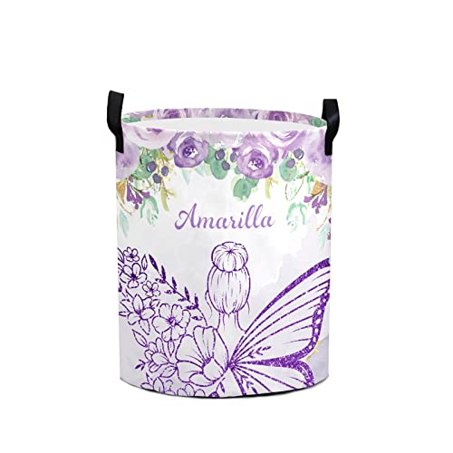 Personalized Laundry Basket, Fairy Girl Purple Butterfly Custom Storage Bins Laundry Hamper with Name Collapsible Toys Organizer