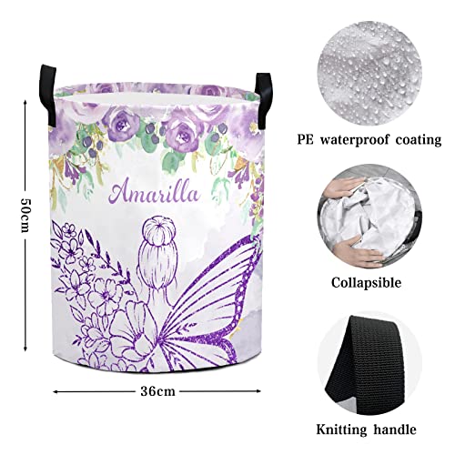 Personalized Laundry Basket, Fairy Girl Purple Butterfly Custom Storage Bins Laundry Hamper with Name Collapsible Toys Organizer