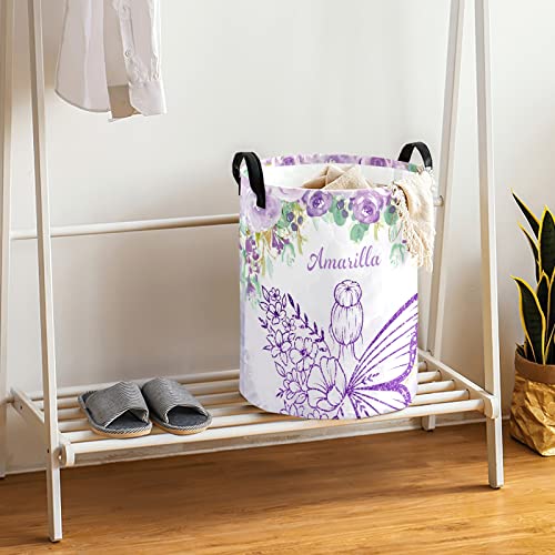 Personalized Laundry Basket, Fairy Girl Purple Butterfly Custom Storage Bins Laundry Hamper with Name Collapsible Toys Organizer