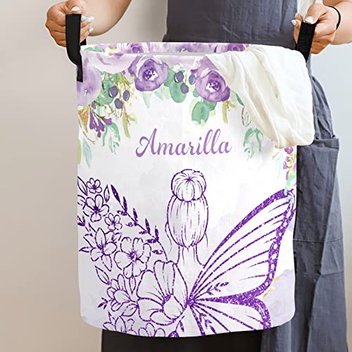 Personalized Laundry Basket, Fairy Girl Purple Butterfly Custom Storage Bins Laundry Hamper with Name Collapsible Toys Organizer