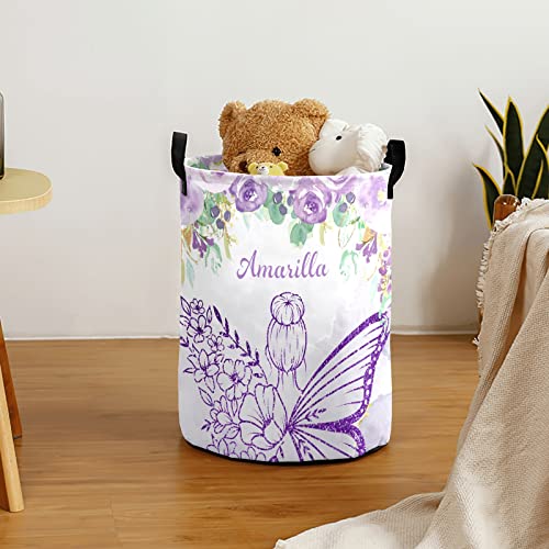 Personalized Laundry Basket, Fairy Girl Purple Butterfly Custom Storage Bins Laundry Hamper with Name Collapsible Toys Organizer